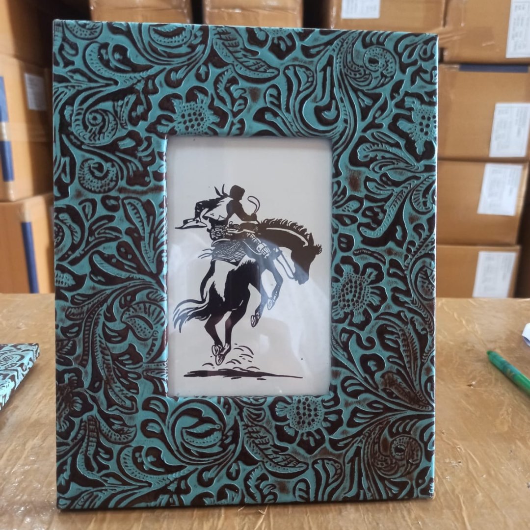 Embossed Turquoise Leather Photo Frame – Rustic Furniture Outlet
